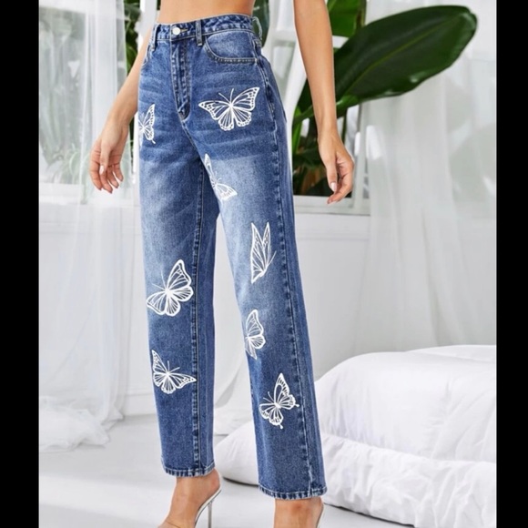 SHEIN | Jeans | Shein Butterfly Print High Wasted Straight Leg Jeans ...
